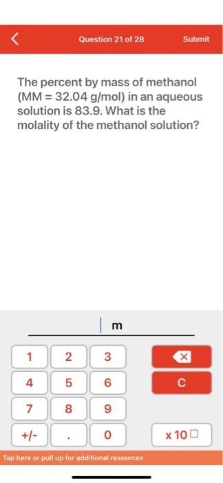 Solved The percent by mass of methanol (MM=32.04 g/mol) in | Chegg.com