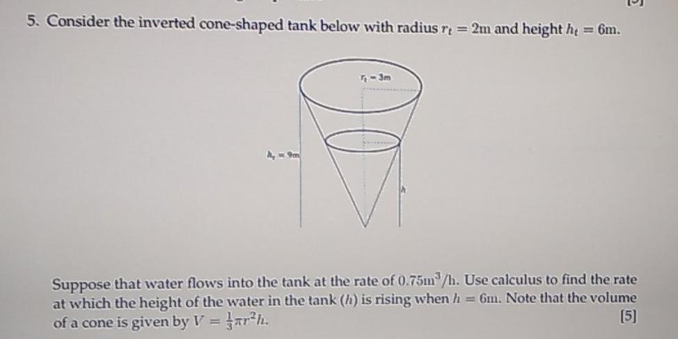 Solved 5. Consider the inverted cone-shaped tank below with | Chegg.com