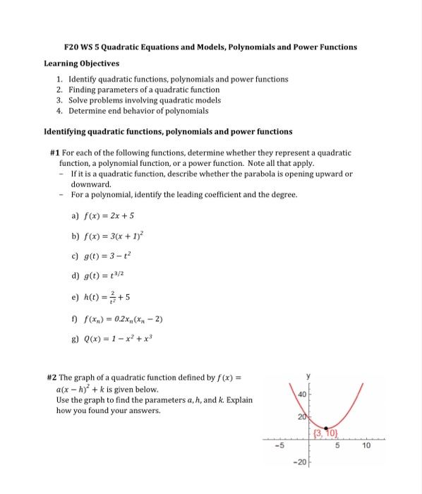 Solved F20 WS 5 Quadratic Equations and Models, Polynomials | Chegg.com