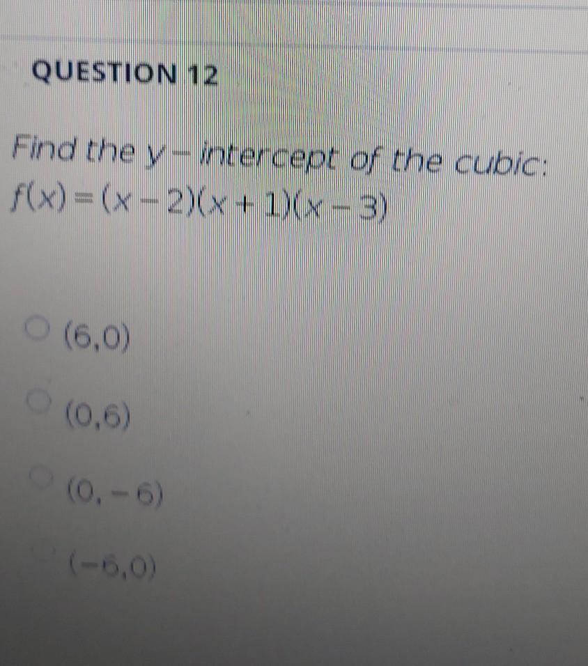 Solved QUESTION 12 Find the y-intercept of the cubic: f(x) = | Chegg.com