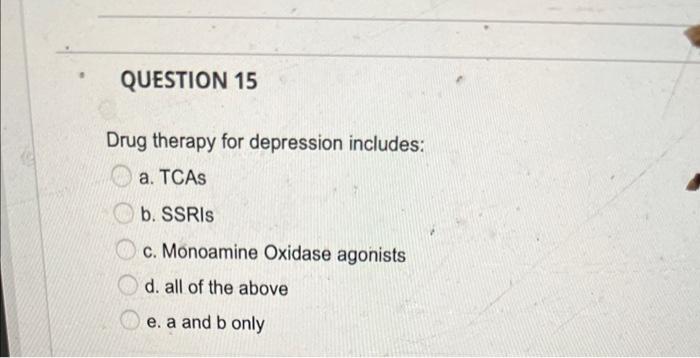 Solved Drug therapy for depression includes: a. TCAs b. | Chegg.com