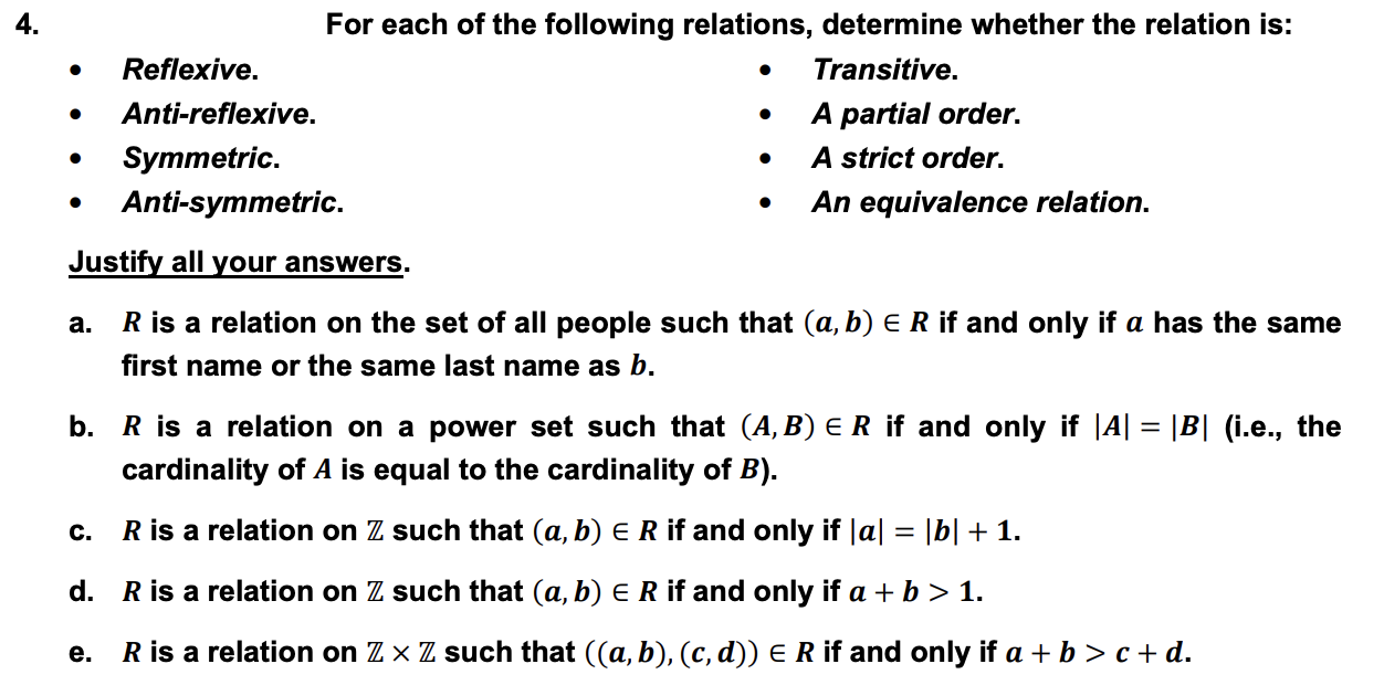 Solved For each of the following relations, determine | Chegg.com