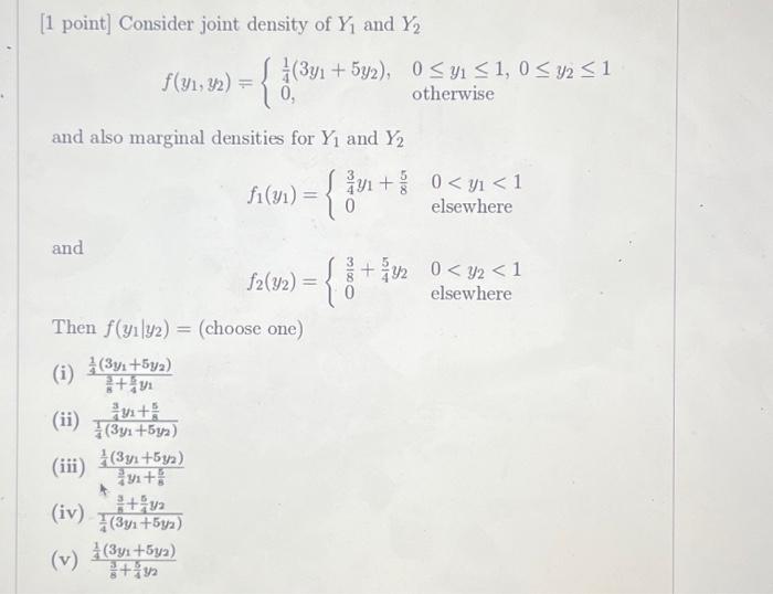 Solved a [1 point] Consider joint density of Y₁ and Y₂ f(y1, | Chegg.com