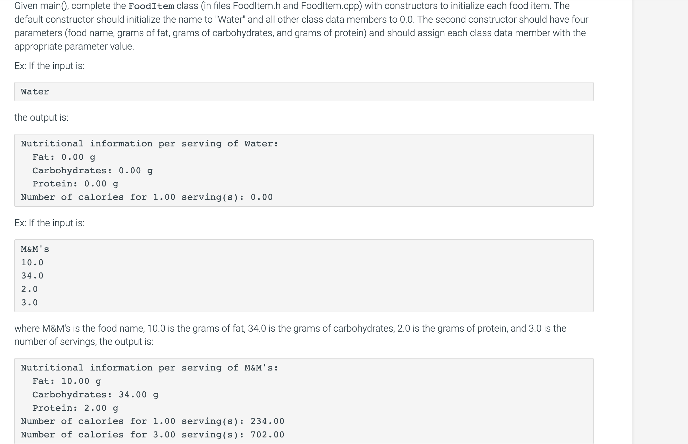 Solved Given main(), ﻿complete the FoodItem class (in files | Chegg.com