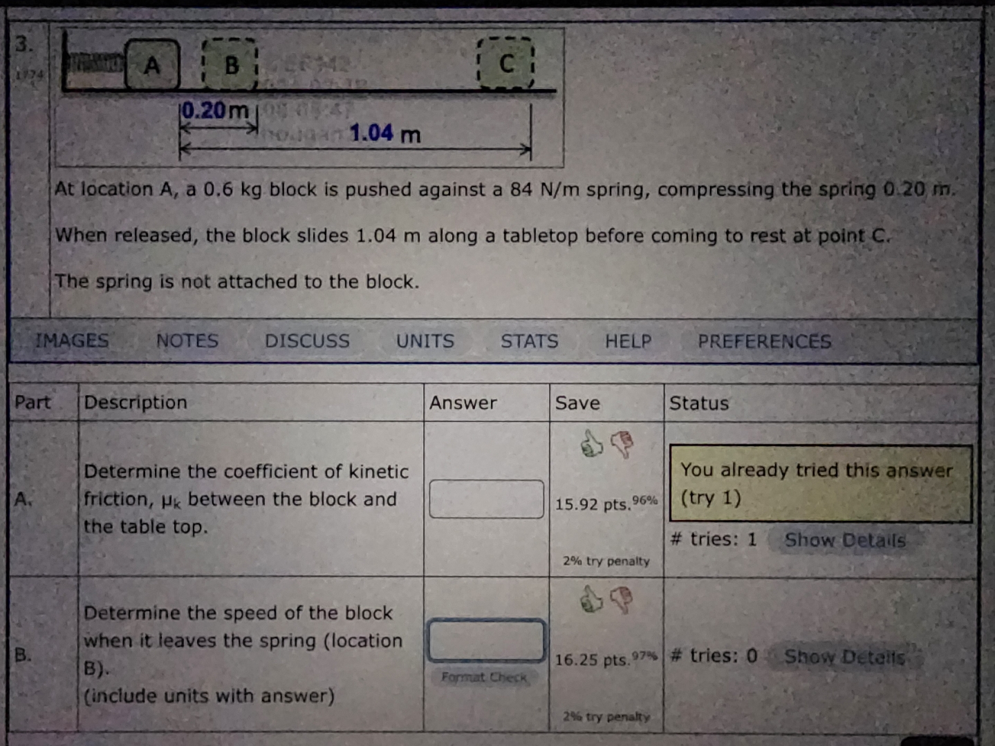 Solved At location A, ﻿a 0.6kg. ﻿block is pushed against a | Chegg.com
