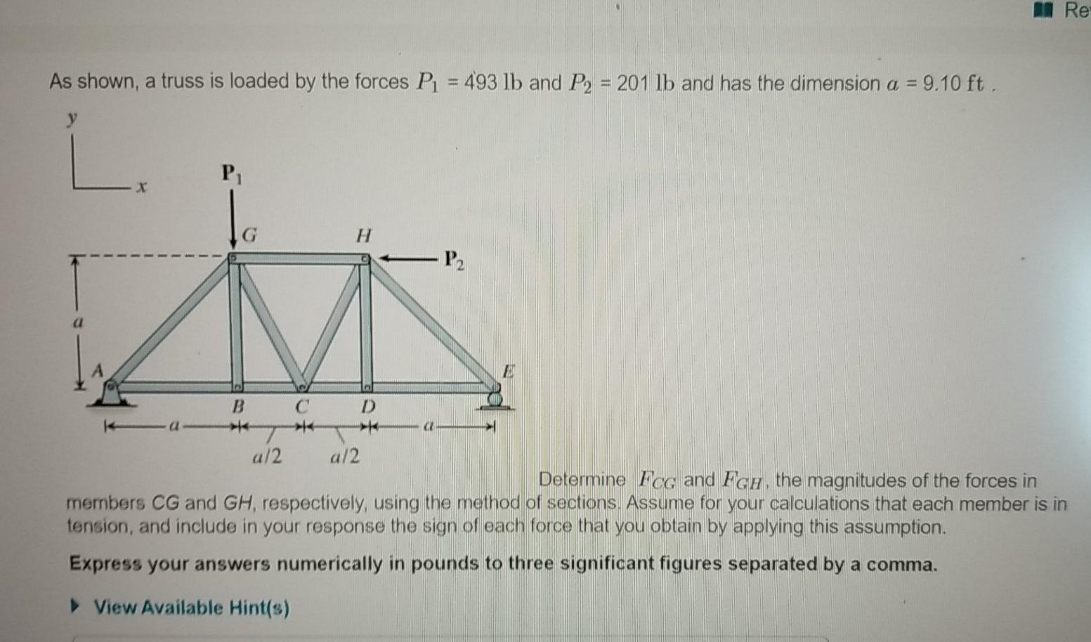 Solved As shown, a truss is loaded by the force P1= 493 lb | Chegg.com