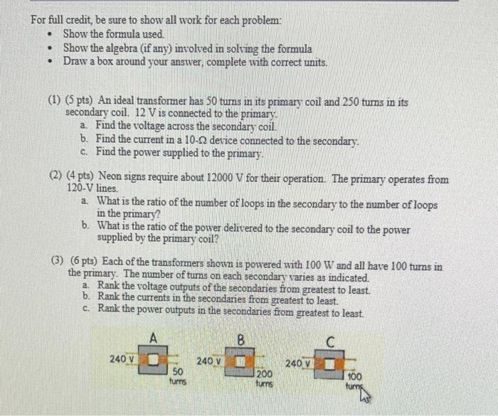 Solved For full credit, be sure to show all work for each | Chegg.com