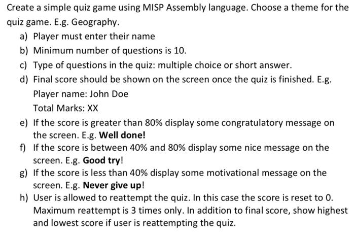 Solved Create a simple quiz game using MISP Assembly | Chegg.com