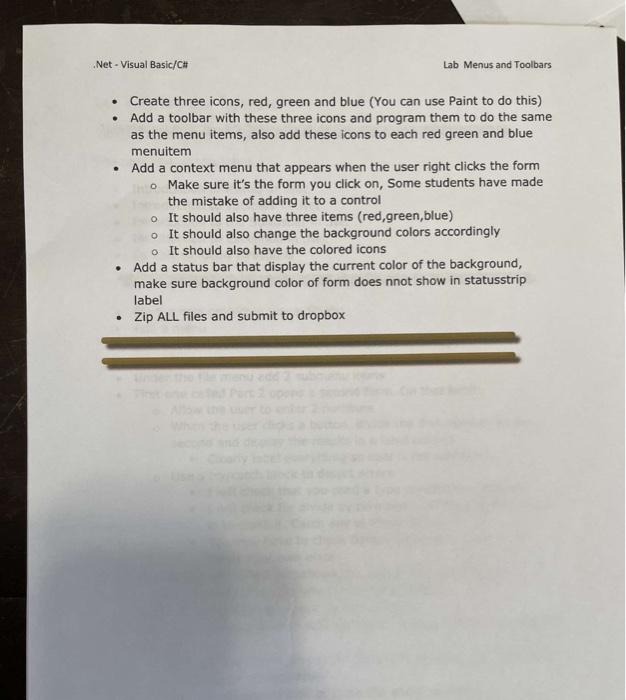 Solved .Net - Visual Basic/C# Lab Menus and Toolbars Lab - | Chegg.com