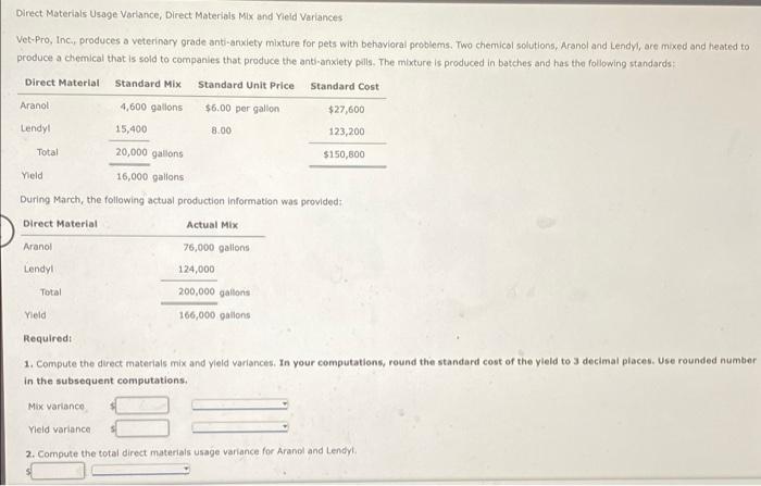 Solved Direct Materials Usage Vorlance, Direct Materials Mix | Chegg.com