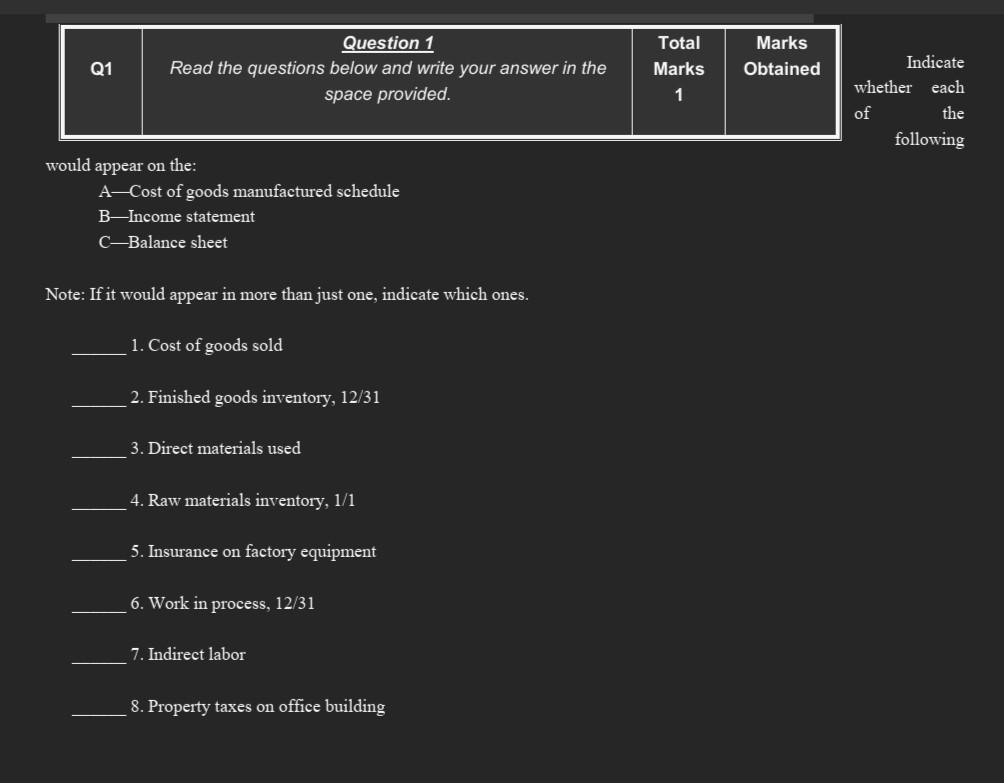 Solved \begin{tabular}{|l|c|c|c||} \hline Q1 & Question 1 | Chegg.com