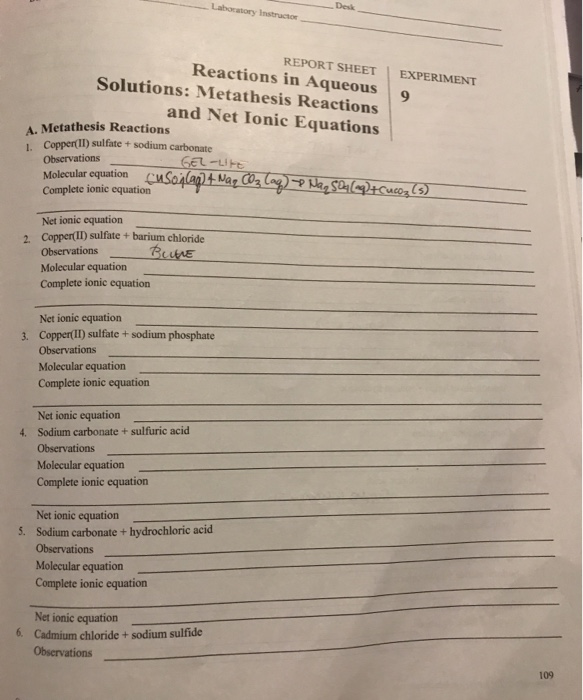 Solved Laboratory Instructor Desk REPORT SHEET Reactions in | Chegg.com