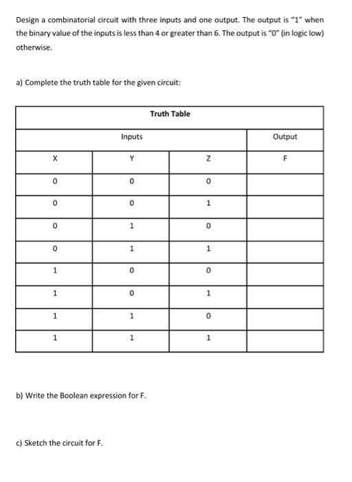 Solved Design A Combinatorial Circuit With Three Inputs And