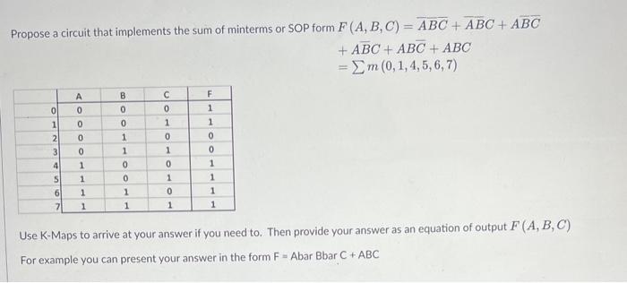 Solved Propose a circuit that implements the sum of minterms | Chegg.com