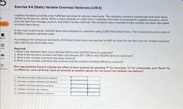 Solved Exercise 9-6 (Static) Variable Overhead Variances | Chegg.com