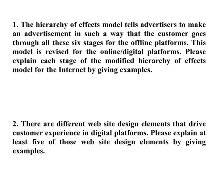 Solved 1. The hierarchy of effects model tells advertisers | Chegg.com