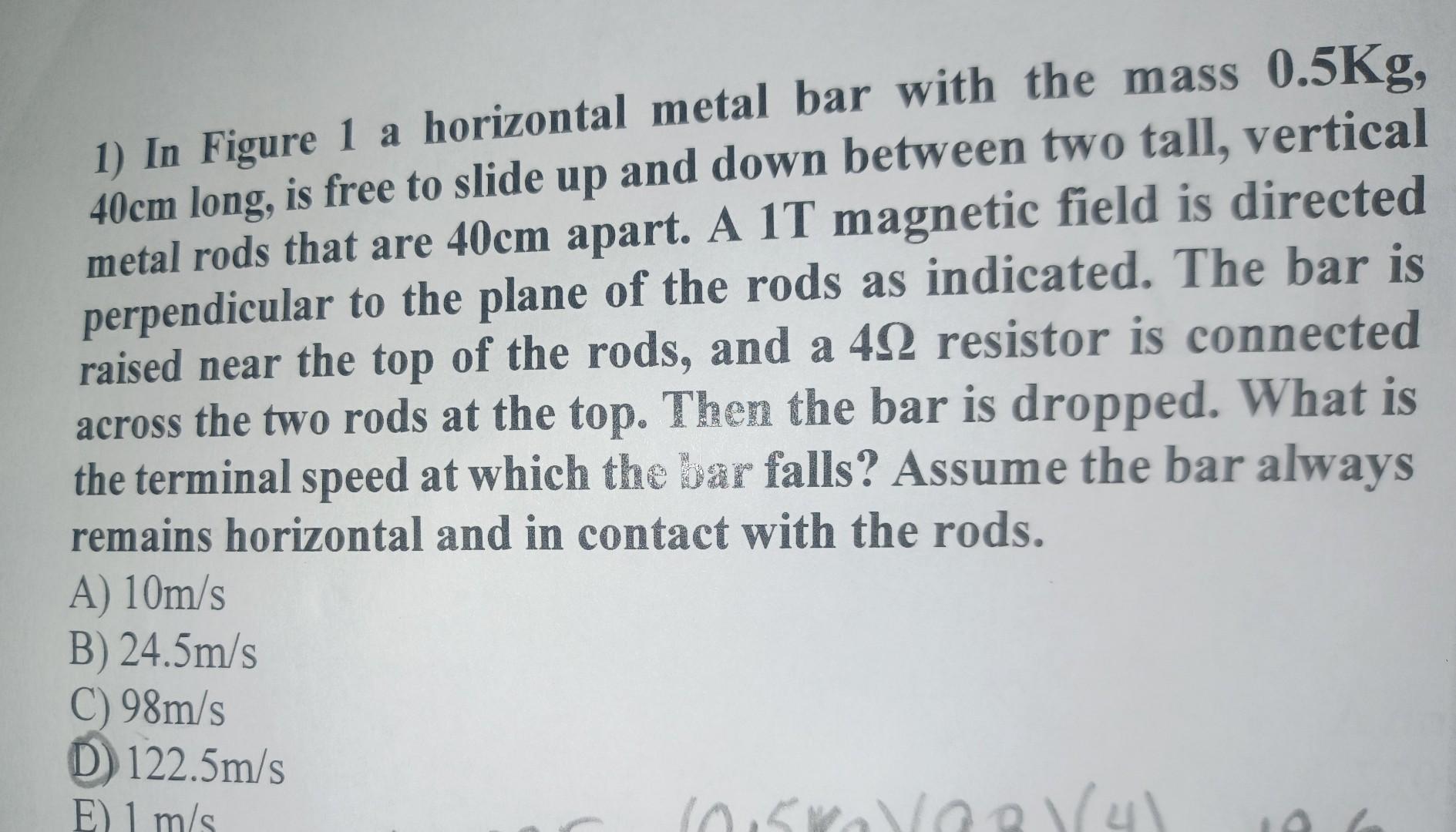 Solved Figure 1.2) In Figure 1 a horizontal metal bar with | Chegg.com