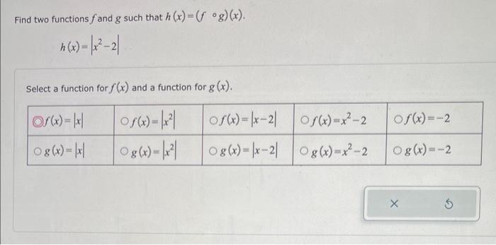 Solved Find two functions f and g such that h(x)=(f∘g)(x). | Chegg.com