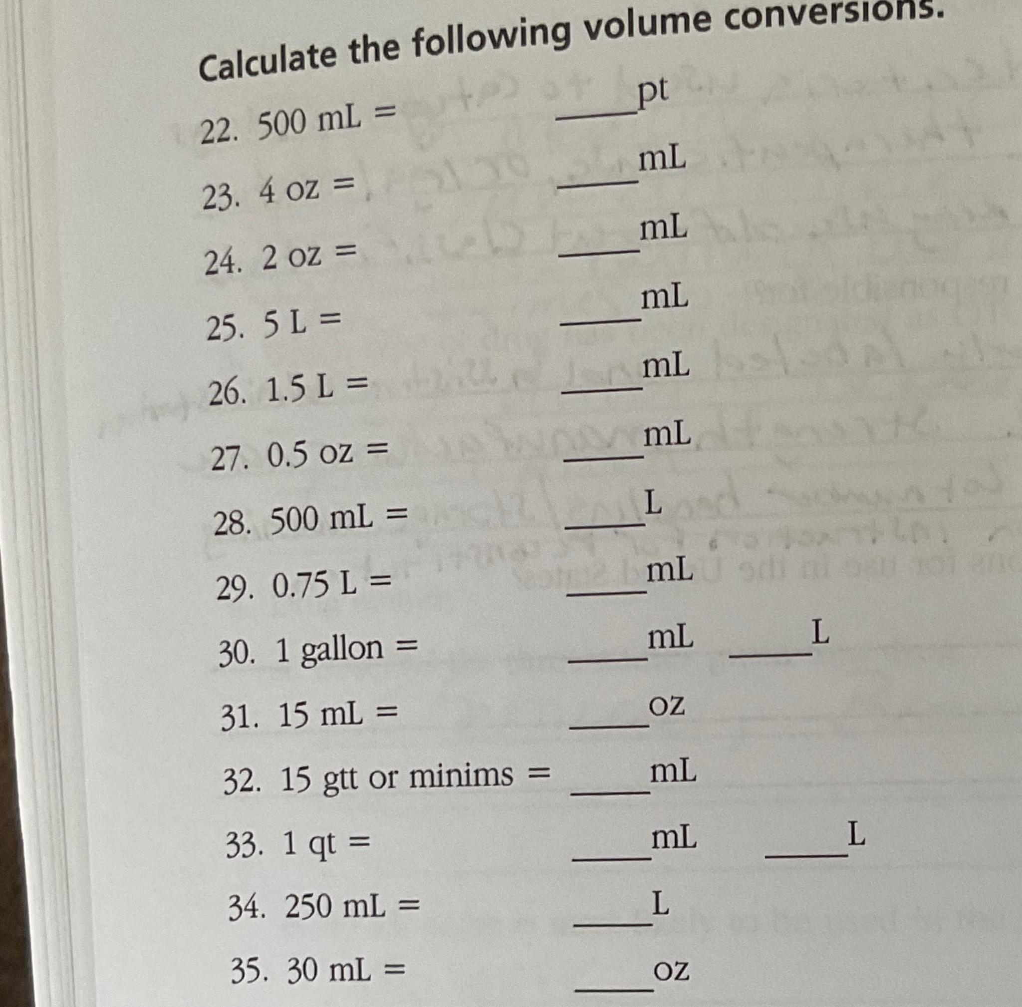 Solved Calculate the following volume conversions.22. 500mL= | Chegg.com