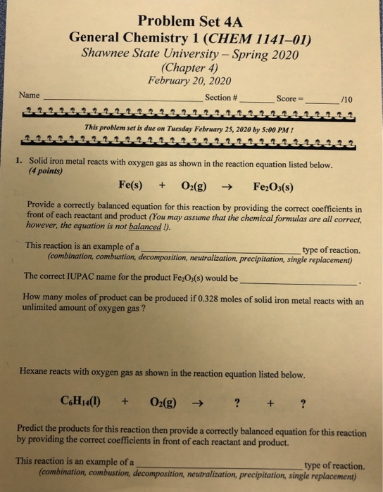 Solved Problem Set 4A General Chemistry 1 (CHEM 1141-01) | Chegg.com