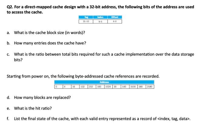 Solved Q2. For a direct-mapped cache design with a 32-bit | Chegg.com