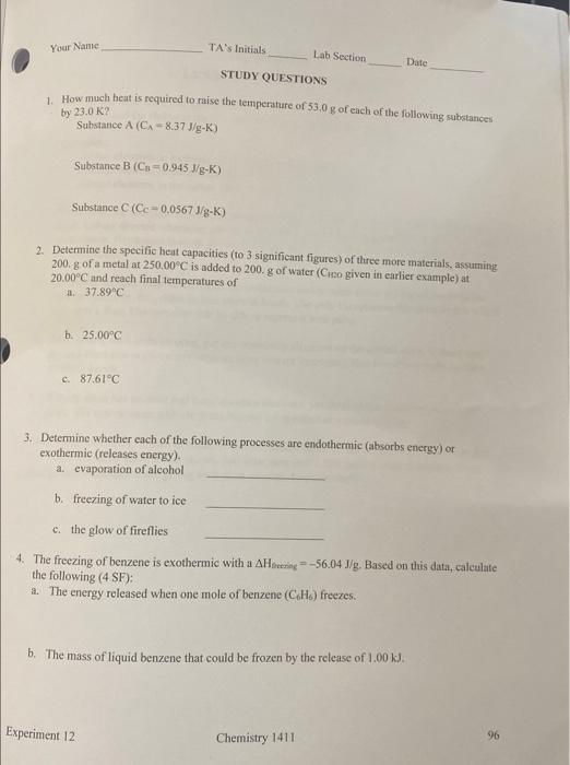 Solved Your Name TA's Initials Lab Section Date STUDY | Chegg.com