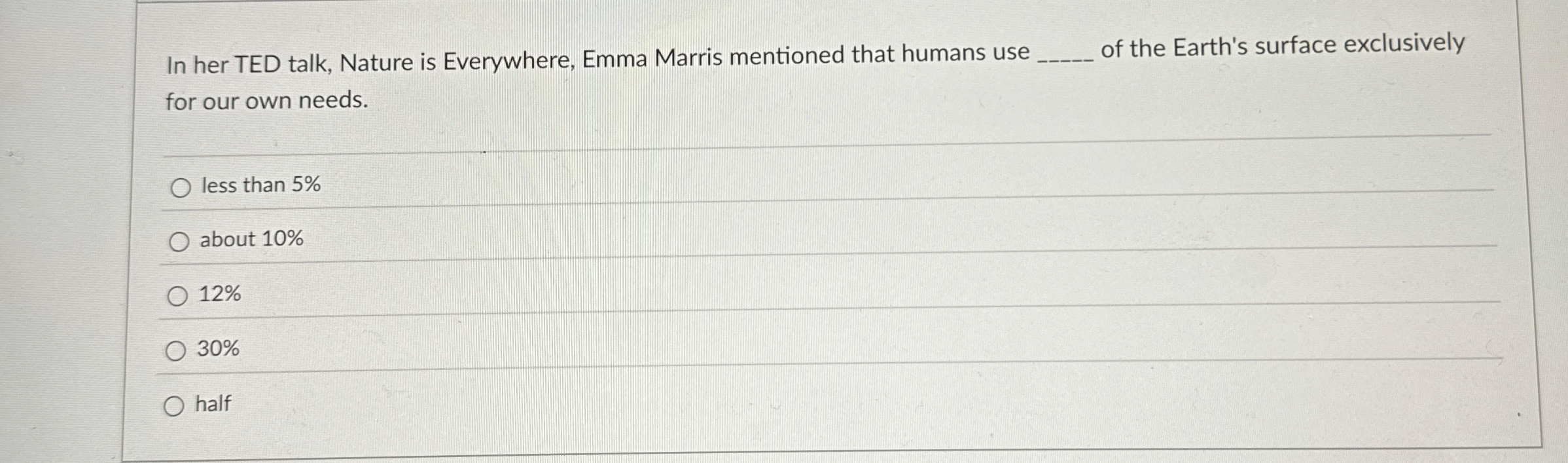 Solved In her TED talk, Nature is Everywhere, Emma Marris | Chegg.com