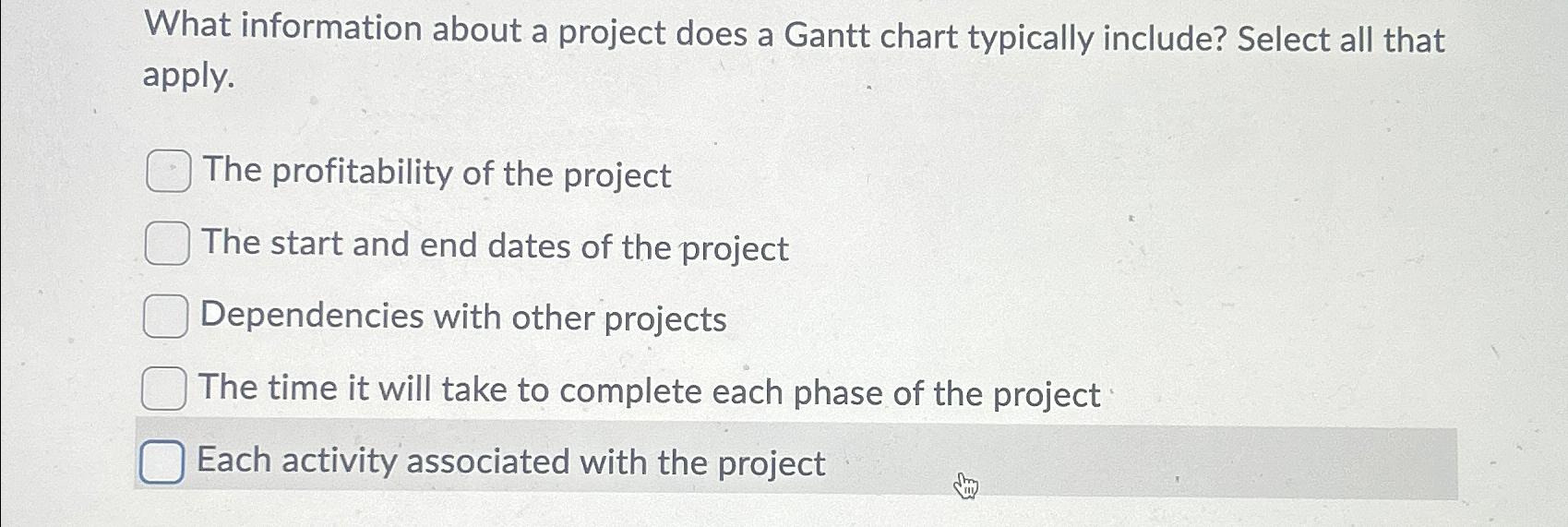 Solved What information about a project does a Gantt chart | Chegg.com