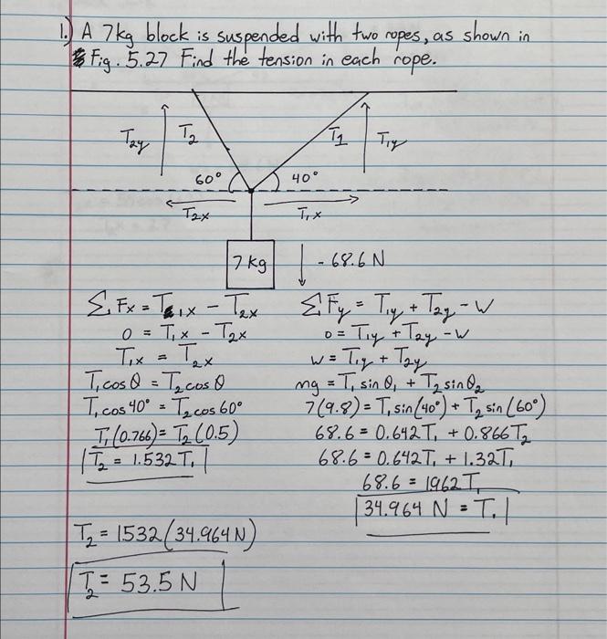 Solved 1. (1) A 7-kg block is suspended with two ropes, as | Chegg.com