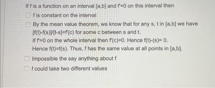Solved If f is a function on anterval [a,b] and f′=0 on this | Chegg.com