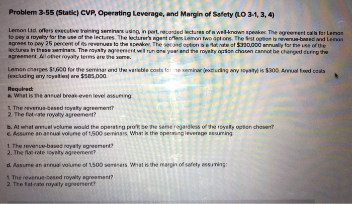 Solved Problem 3-55 (Static) CVP, Operating Leverage, and | Chegg.com