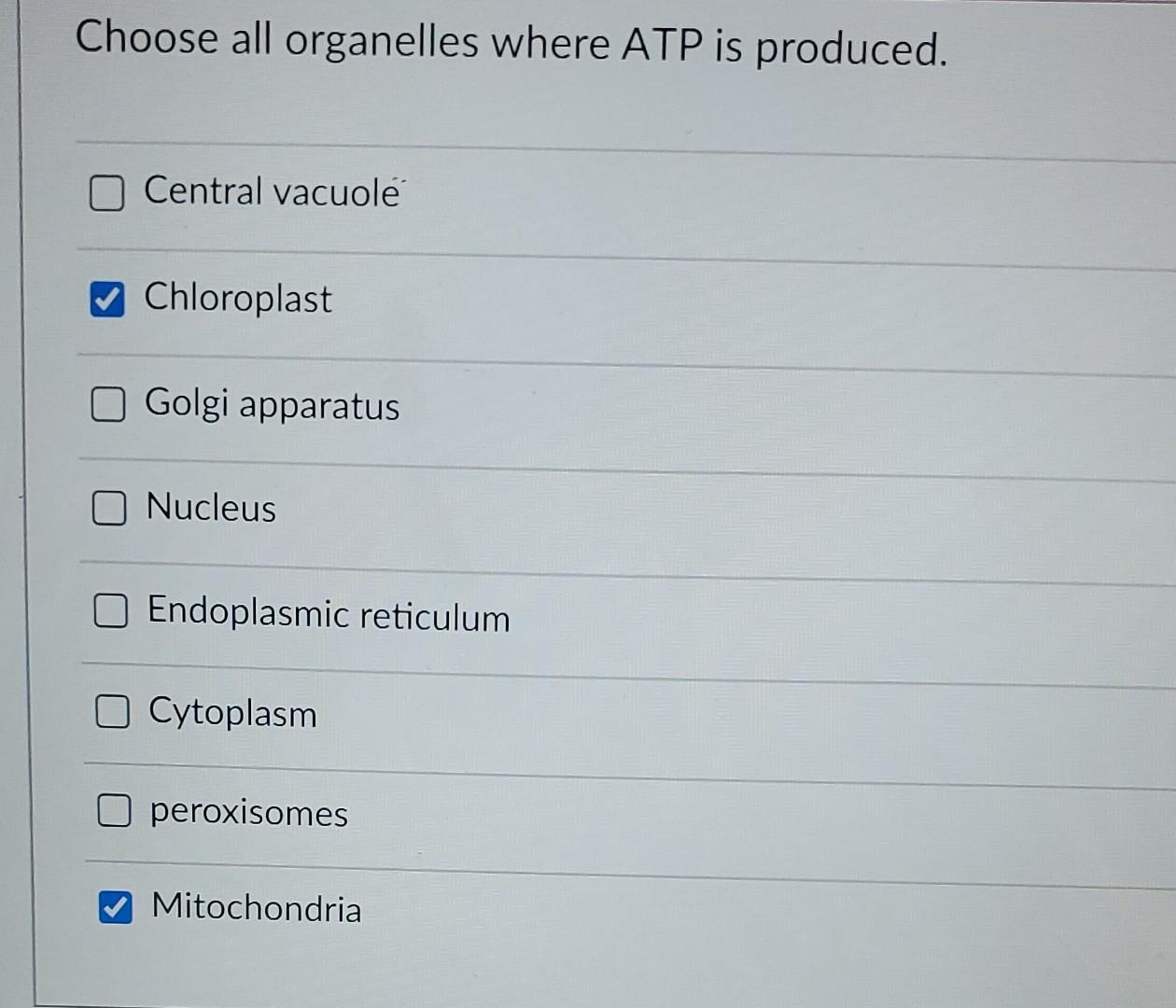 Solved Choose all organelles where ATP is produced. Central | Chegg.com