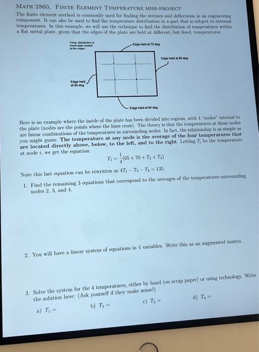 Solved MATH 2860 , FINITE ELEMENT TRMPERATURE MINI-PROJECT | Chegg.com