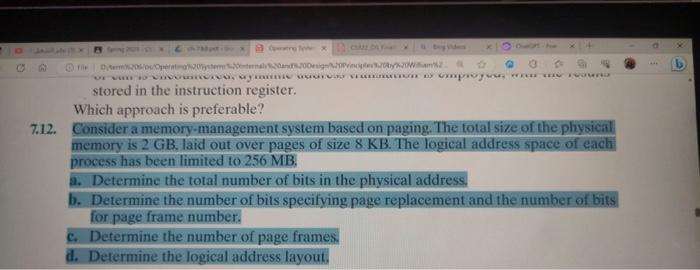 Solved 7 12 Consider A Memory Management System Based On