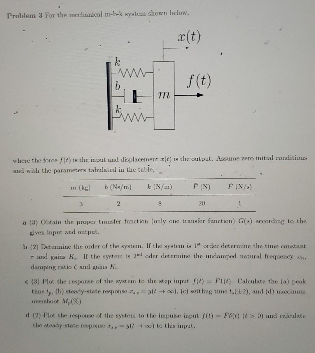 Solved Problem 3 For the mechanical m-b-k system shown | Chegg.com
