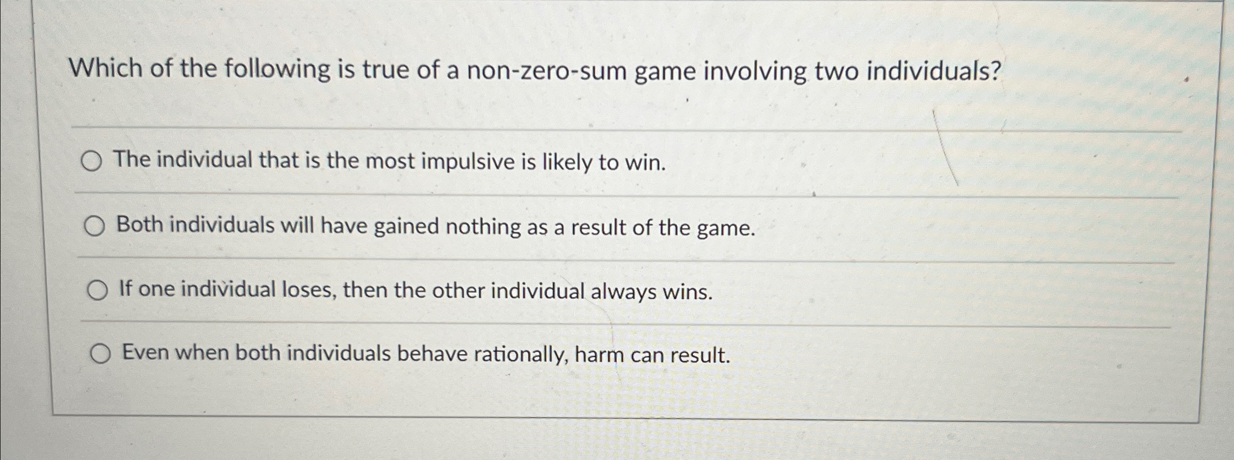 Solved Which of the following is true of a non-zero-sum game | Chegg.com