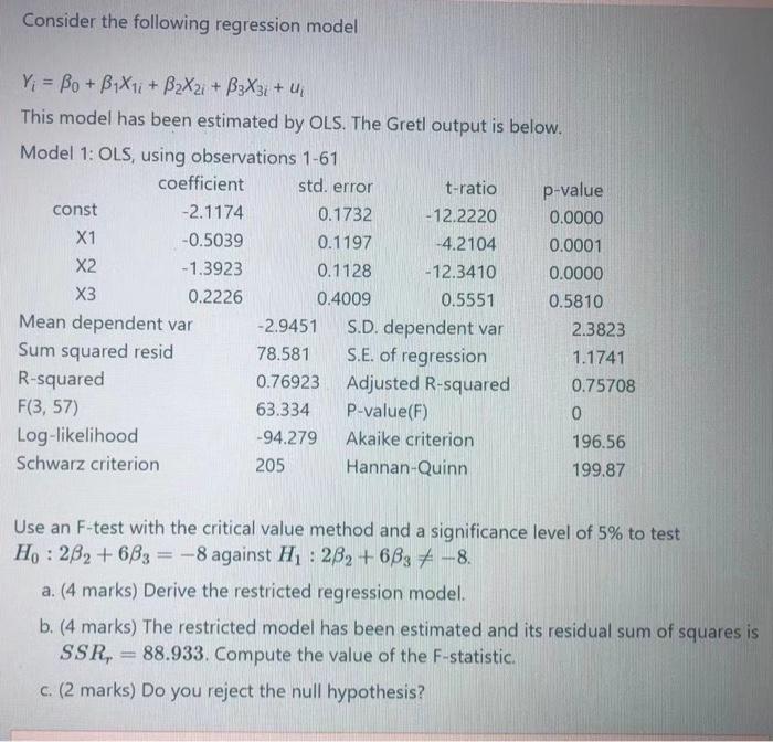 Solved Consider the following regression model Y; = Bo + | Chegg.com