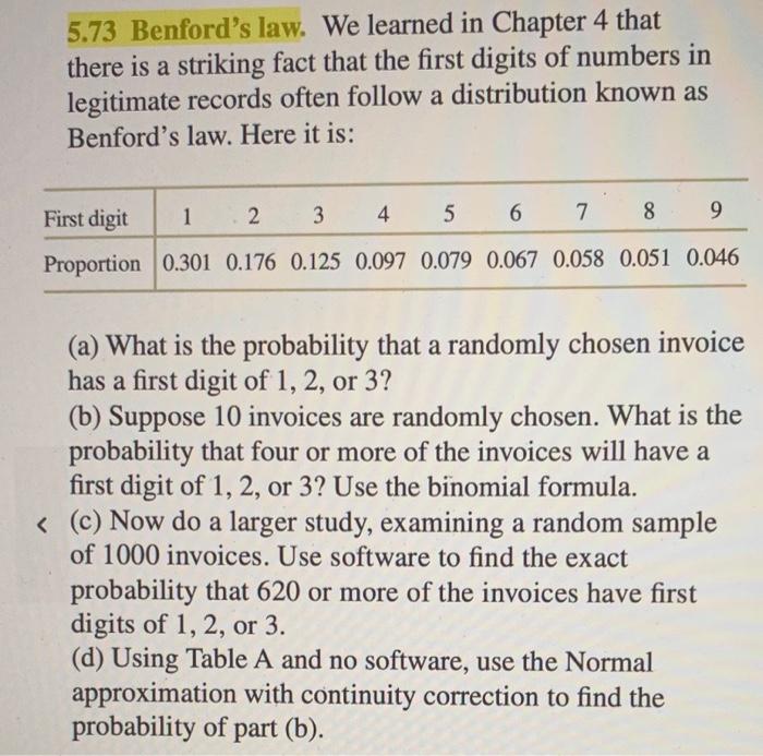 Solved 5.73 Benford's law. We learned in Chapter 4 that | Chegg.com