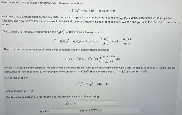 Solved Given a second order linear homogeneous differential | Chegg.com