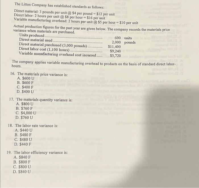 Solved The Litton Company has established standards as | Chegg.com