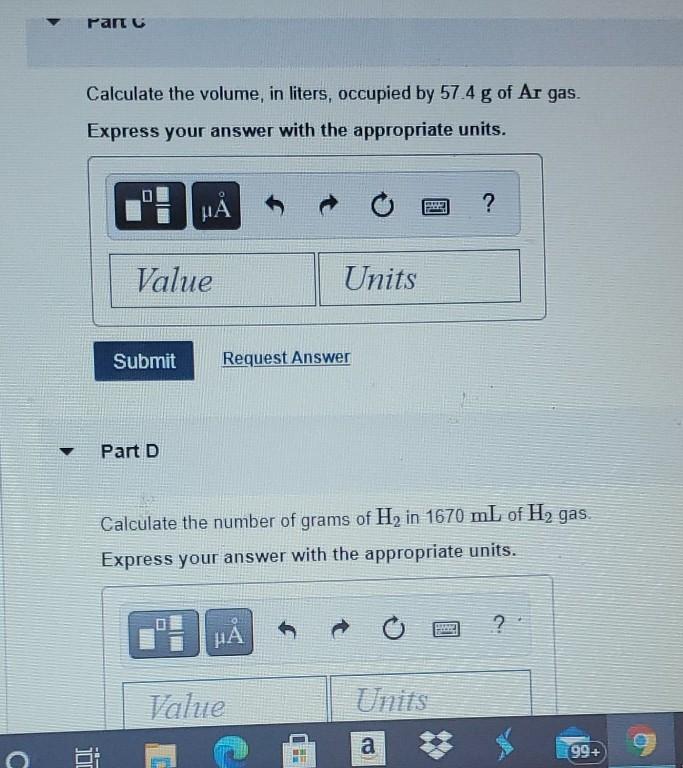 Solved Part Calculate the volume, in liters, occupied by | Chegg.com