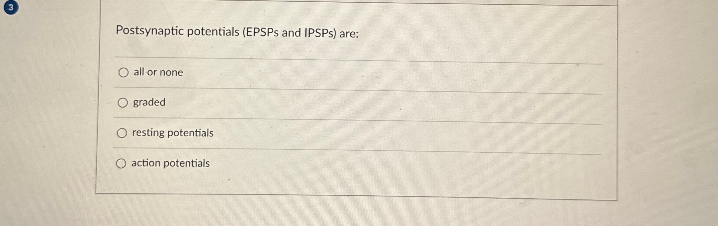 Solved 3Postsynaptic potentials (EPSPs and IPSPs) are:all | Chegg.com Solved 3Postsynaptic potentials (EPSPs and IPSPs) are:all | Chegg.com
