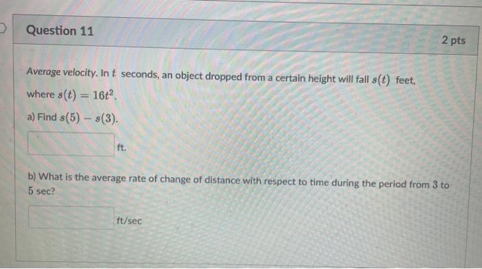 Solved Average velocity. In t seconds, an object dropped | Chegg.com
