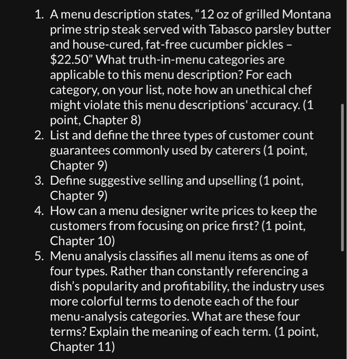 Solved 1. A menu description states, "12 oz of grilled | Chegg.com