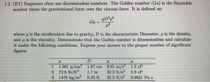 Solved 1.2. (BT) Engineers often use dimensionless numbers. | Chegg.com