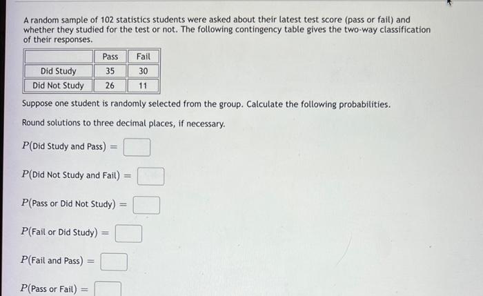 Solved A random sample of 102 statistics students were asked | Chegg.com