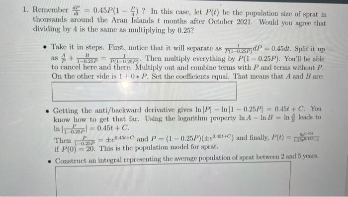 Solved Remember dtdP=0.45P(1−4P) ? In this case, let P(t) be | Chegg.com