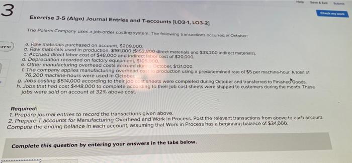 Solved 3 Exercise 3-5 (Algo) Journal Entries and T-accounts | Chegg.com