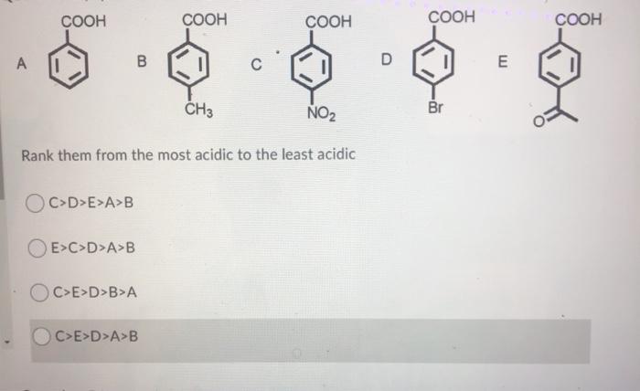 Solved COOH COOH COOH COOH COOH A B D E CH3 NO2 Br Rank them | Chegg.com