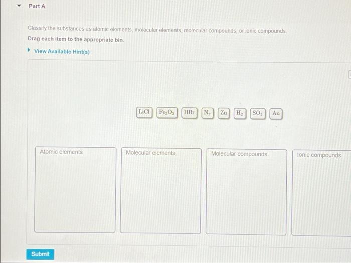 Solved Part A Classify the substances as atomic elements, | Chegg.com